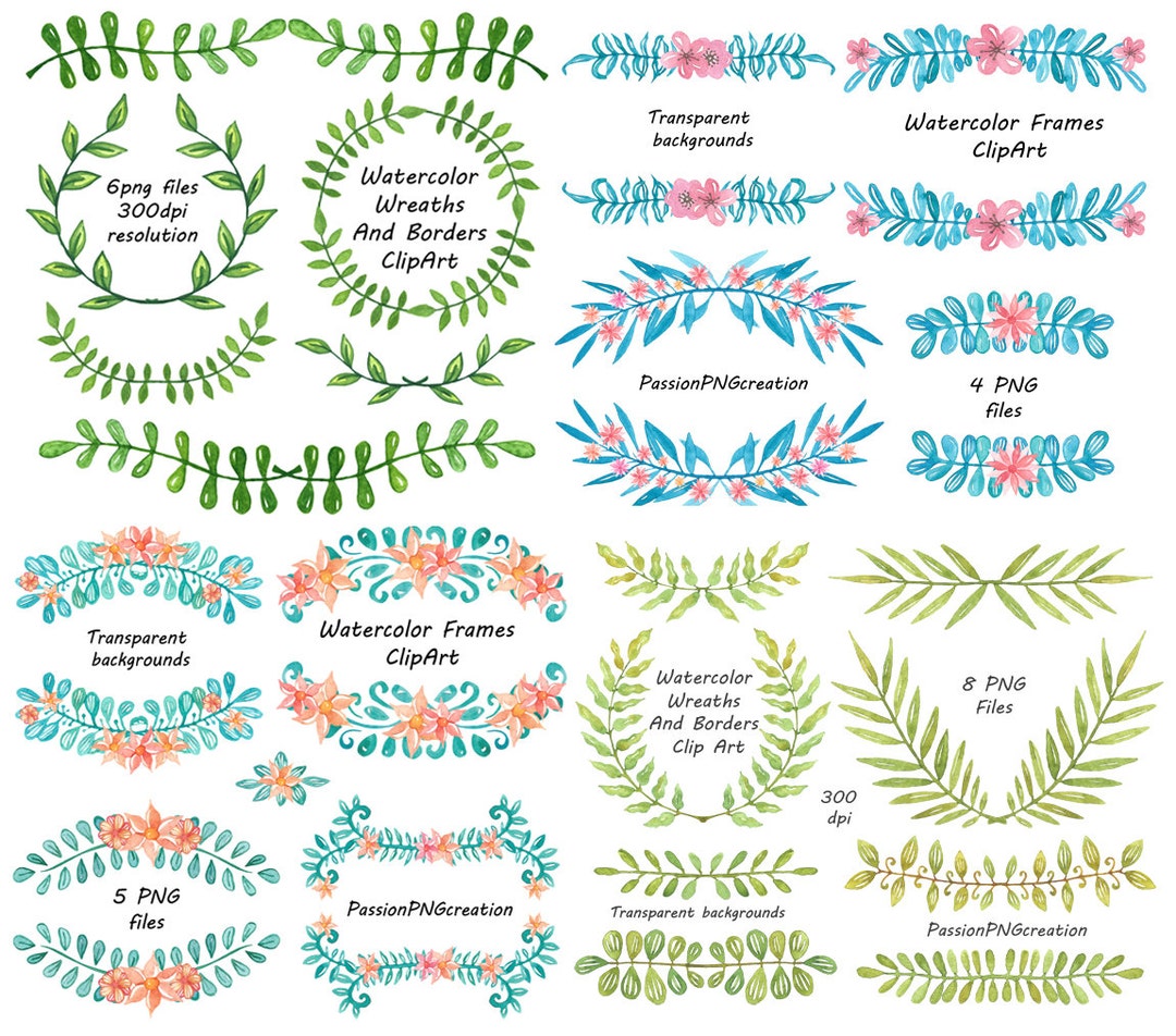 Big Set Watercolor Wreaths and Borders Clipart PNG Laurel - Etsy