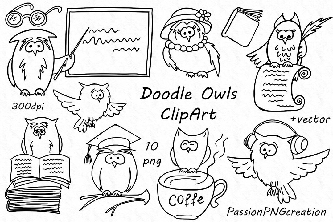 Doodle Owls Clipart, Hand Drawn Owls, Line Art, Digital Owl Clipart ...