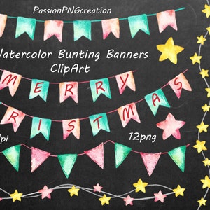 Watercolor Bunting Banners Clipart, Banners Clip Art, Merry Christmas ...