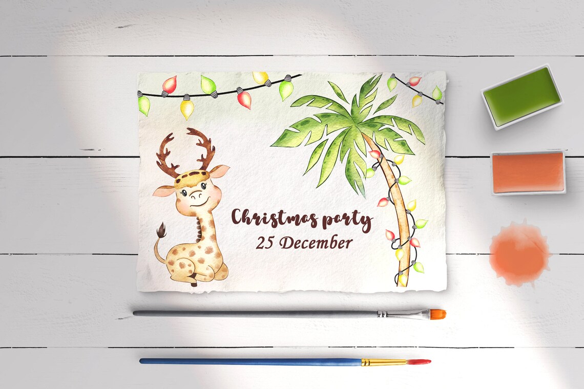 Tropical Christmas Clipart Safari Animals Watercolor Clipart - Etsy