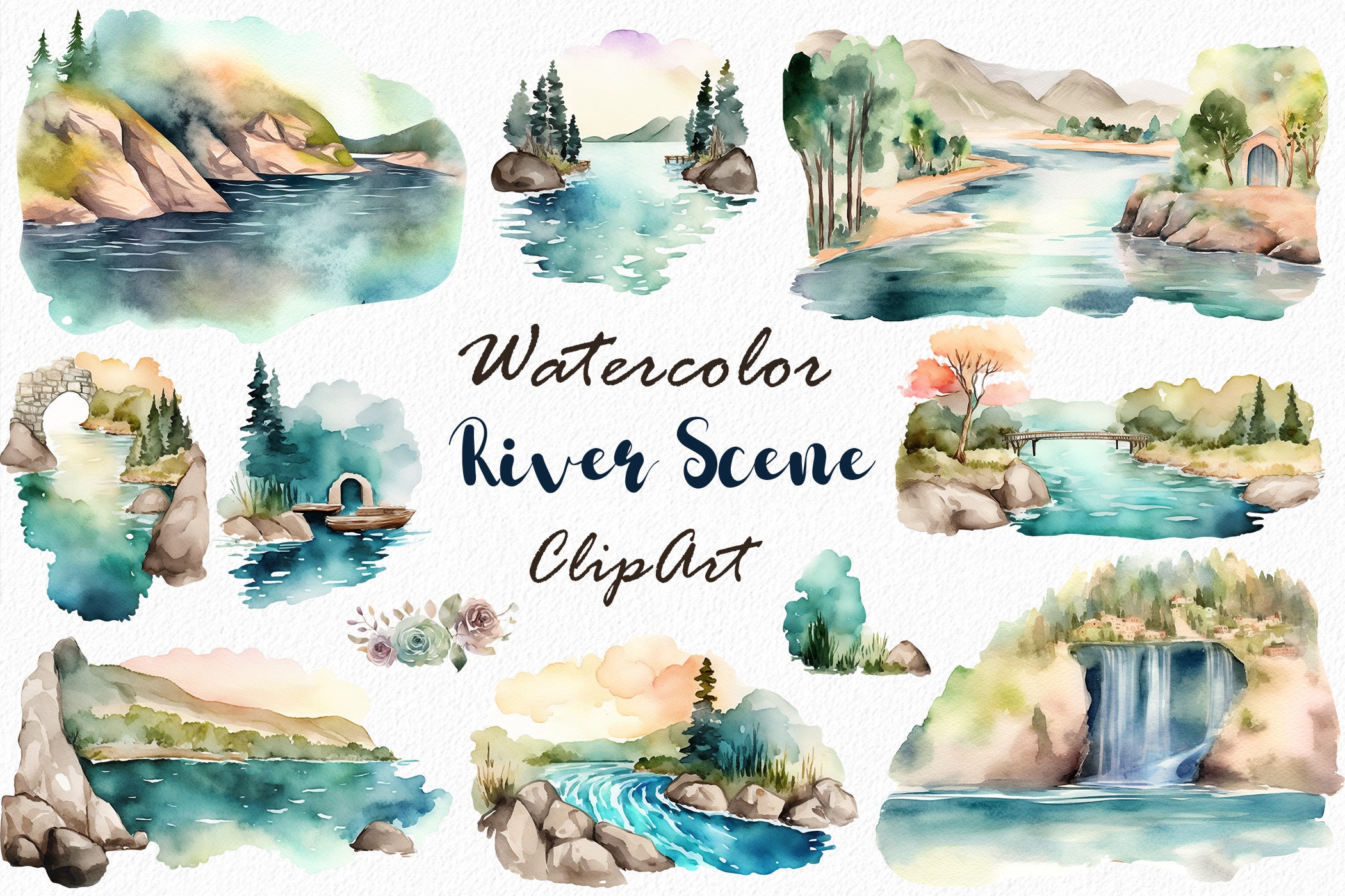 Watercolor Landscape Clipart Set: Desert, Coastal, River, Mountain ...