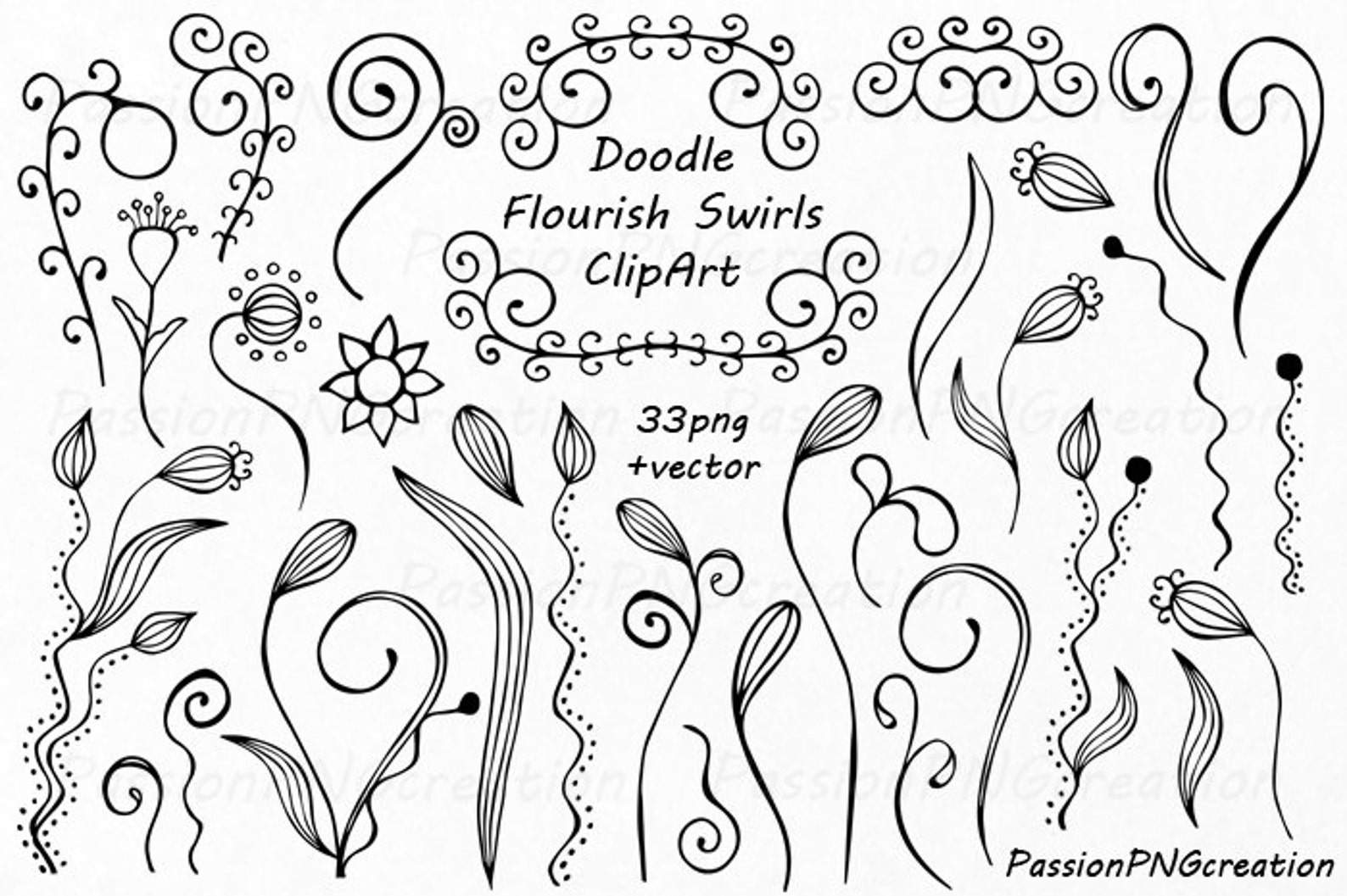 Doodle Flourish Swirls Clipart: Hand-drawn Herbs, Leaves (PNG, EPS ...