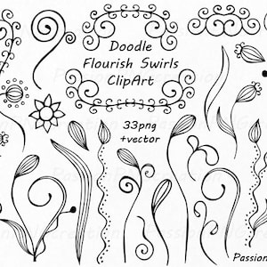 Doodle Flourish Swirls Clipart, Hand Drawn Herbs Clipart, Leaves Clip ...