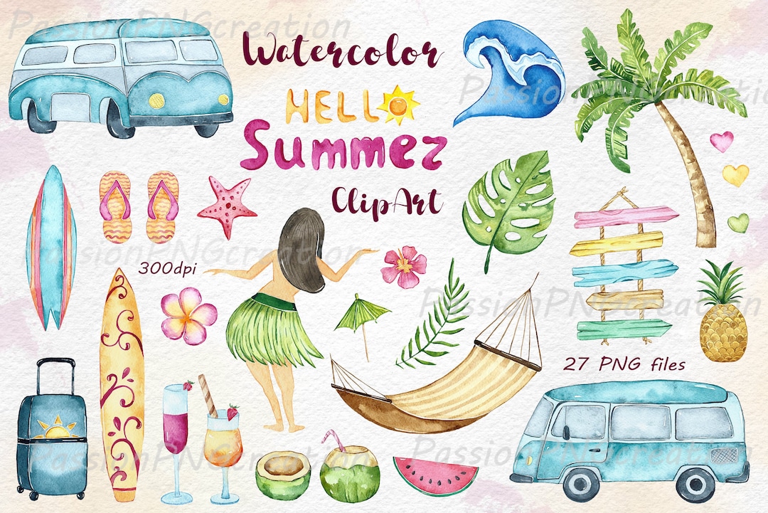 Watercolor Summer Clipart, Beach Clipart, Tropical Graphics, Printable ...