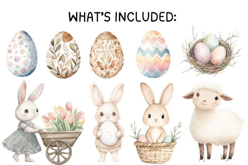 Cute Easter Bunny Clipart Bundle - 32 PNG Watercolor Stickers, Spring ...
