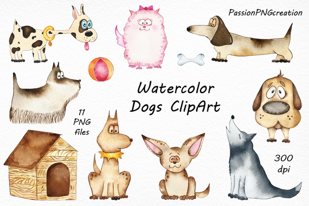 Watercolor Dogs Clipart, Transparent Backgrounds, Watercolour Puppies ...