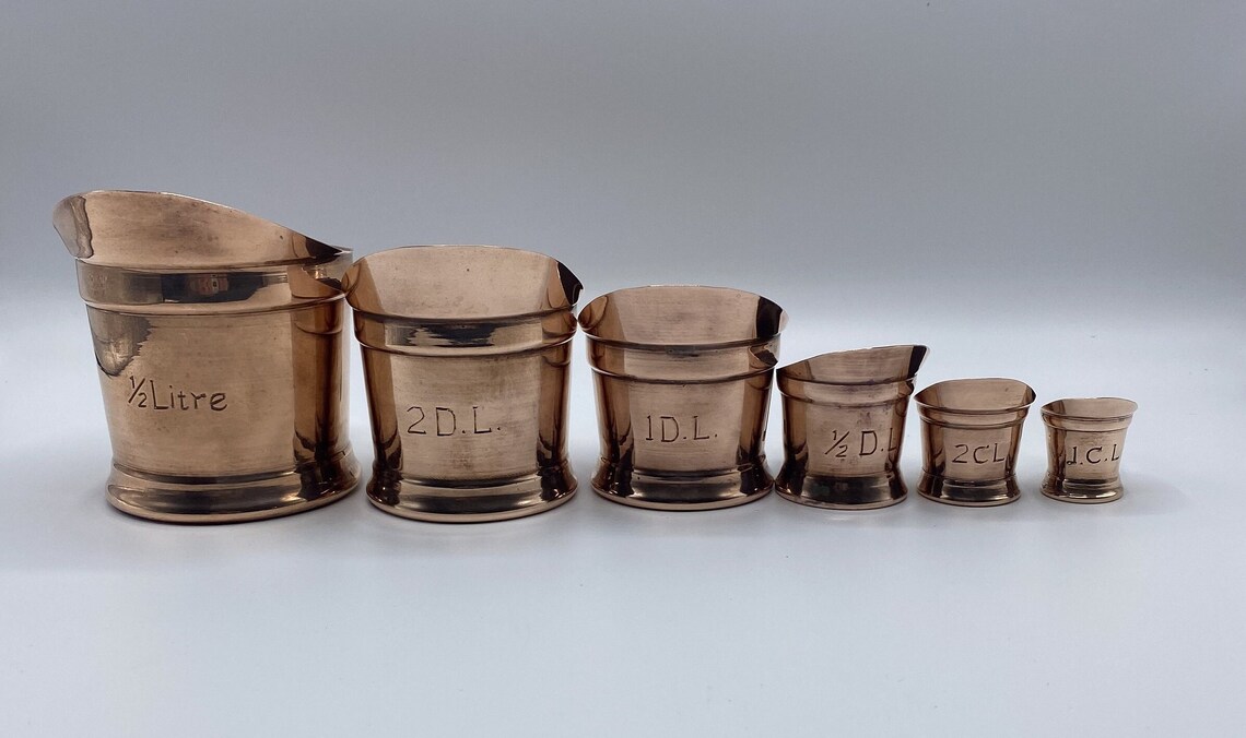 Set of 6 French Brass & Copper Kitchen Measuring Jugs Containers ...