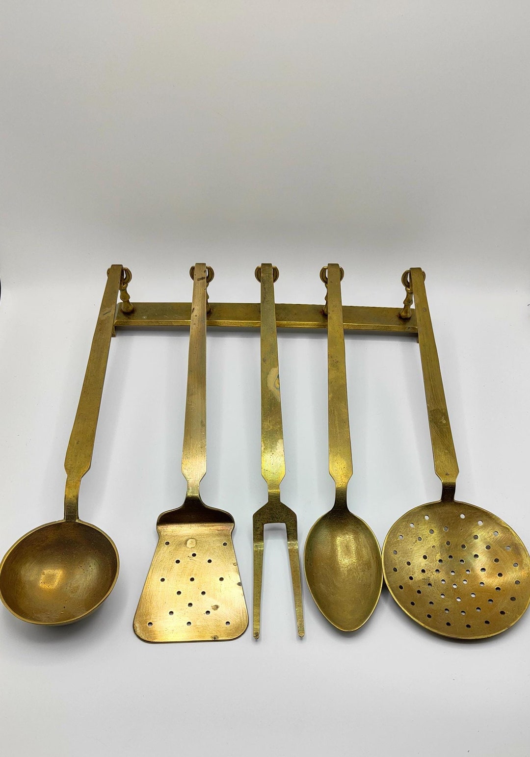 Vintage 1960s Brass Kitchen Utensils Rack, Wall Mount Cooking Tools ...