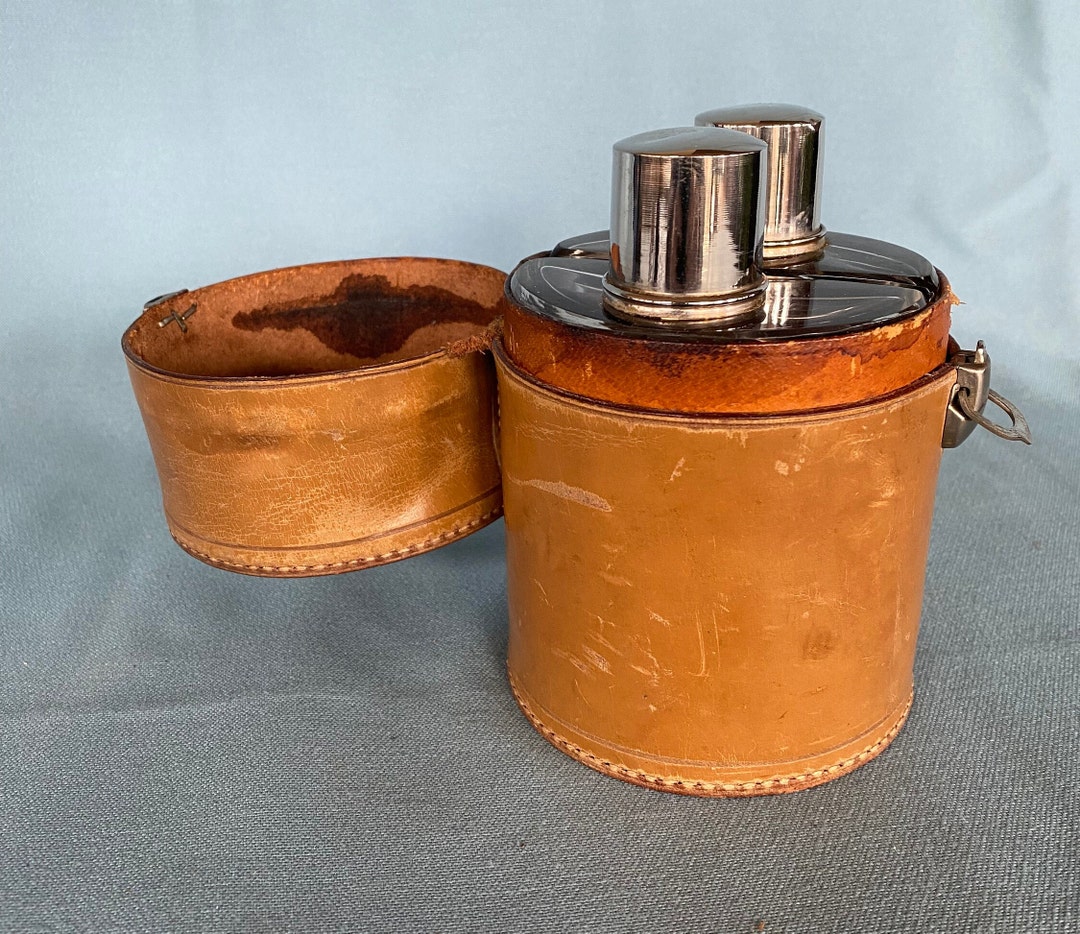 Pair Vintage Glass Travel Bottles / Flasks Leather Container Perfume ...