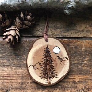 Full Moon Mountain Scene Pine Tree Ornament or Small Wall Hanging. Wood ...
