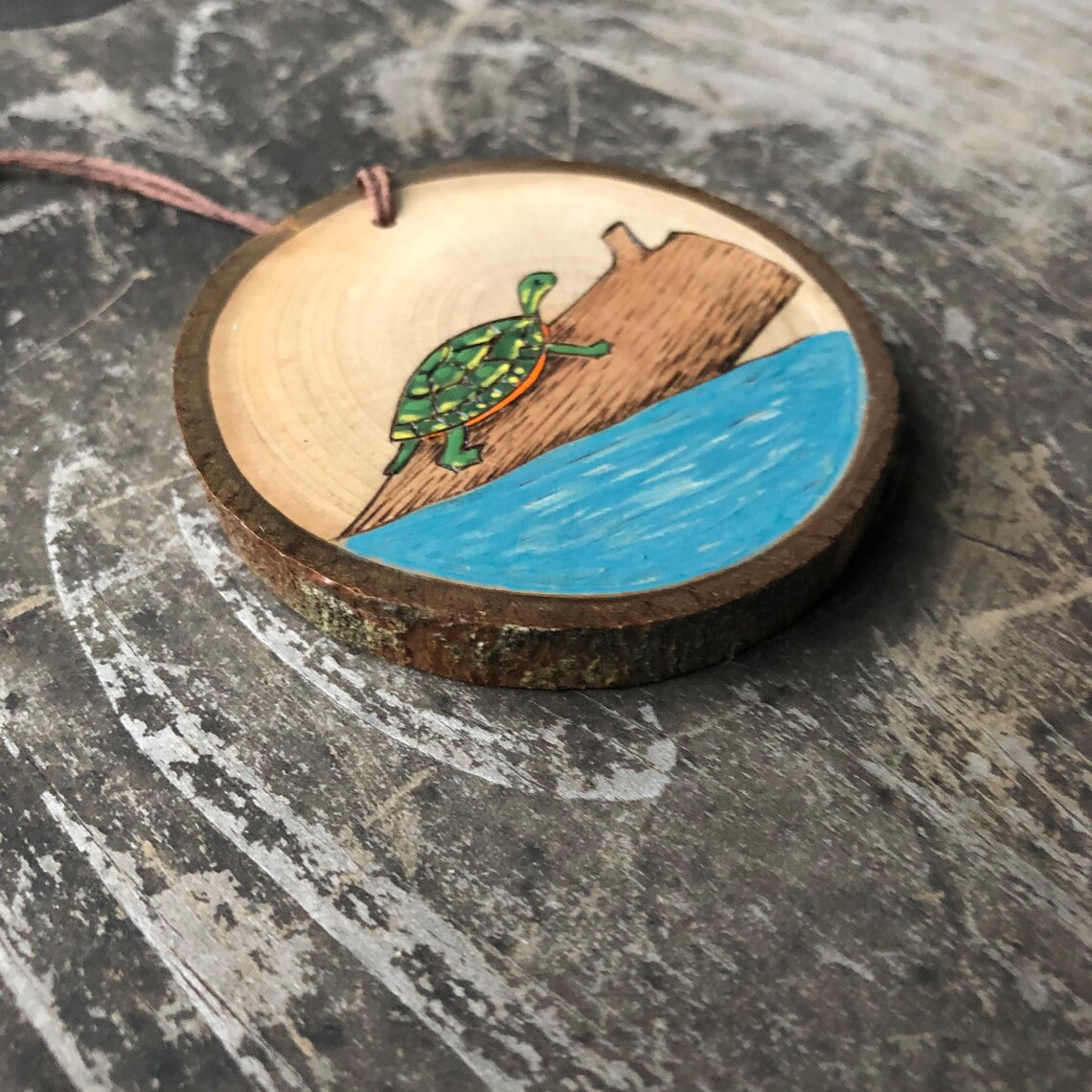 Painted Turtle Sitting on a Log on a Wood Slice . Hand Painted | Etsy