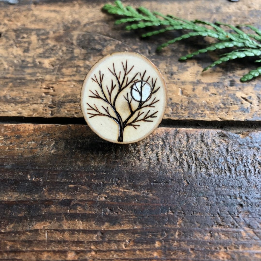 Wood Burned Full Moon Winter Tree Pin. Wooden Pin. Handmade by Forage ...