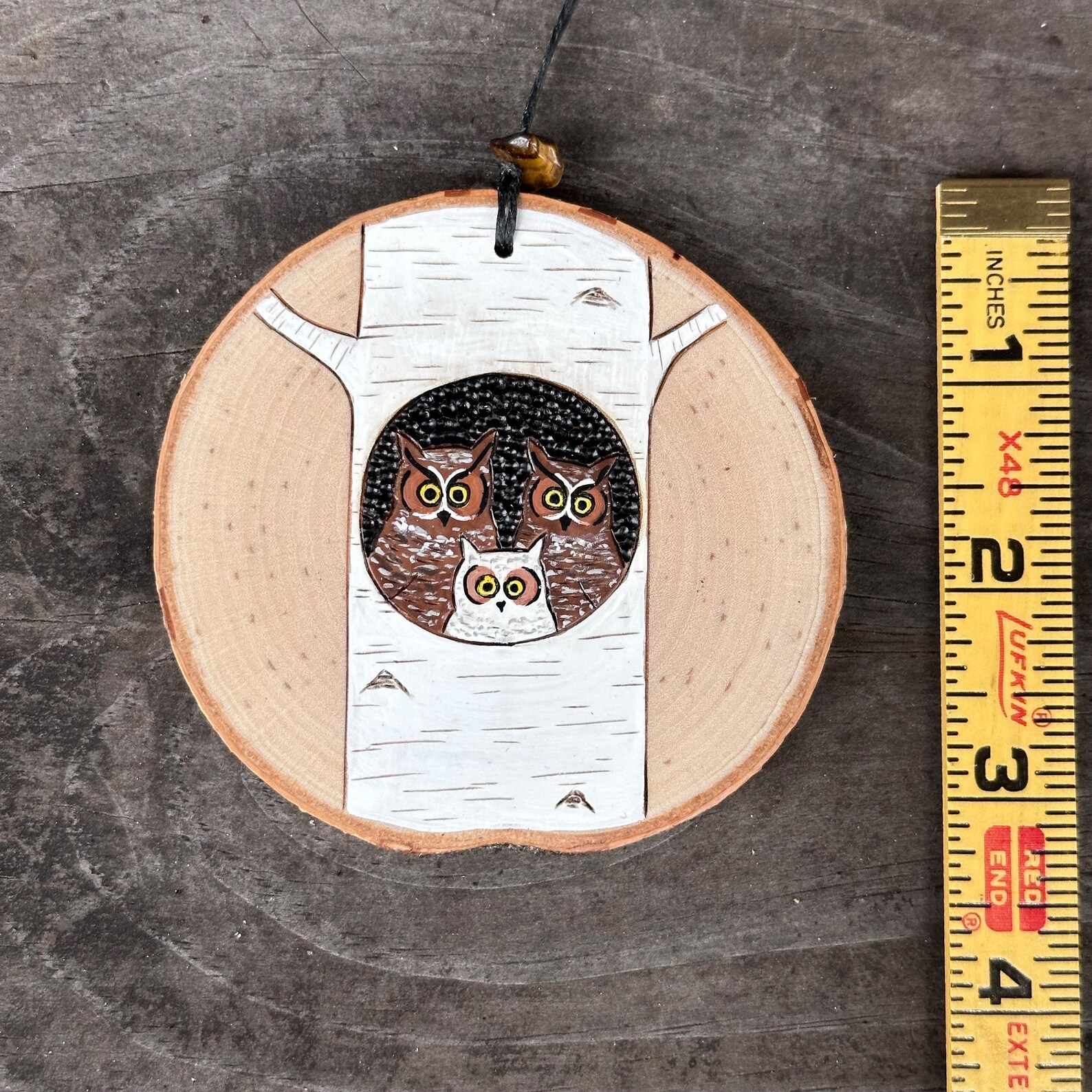 Birch Tree With Owl Family on Wood Slice Ornament. Great Horned Owls ...
