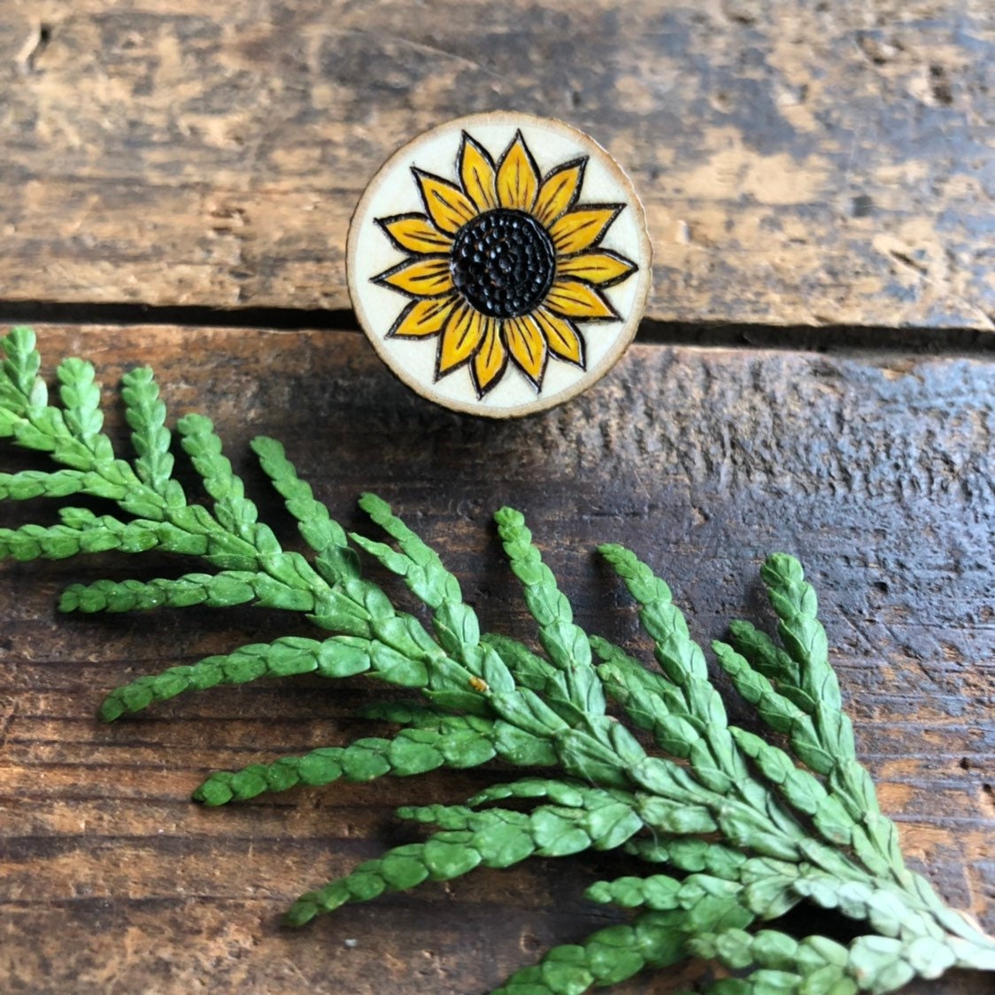 Wood Burned and Painted Sunflower Pin. Wooden Pin. Handmade by | Etsy