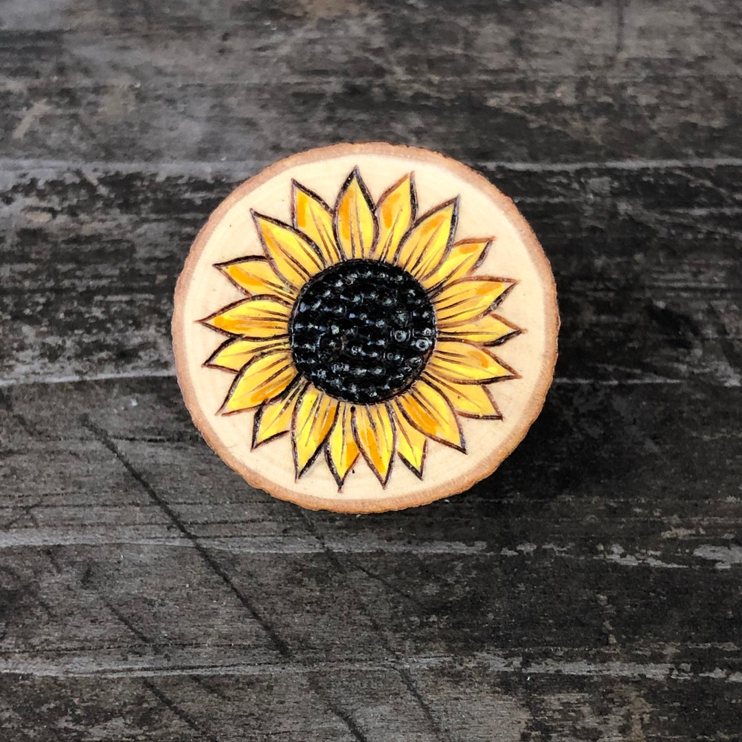 Wood Burned and Painted Sunflower Pin. Wooden Pin. Handmade by Forage ...