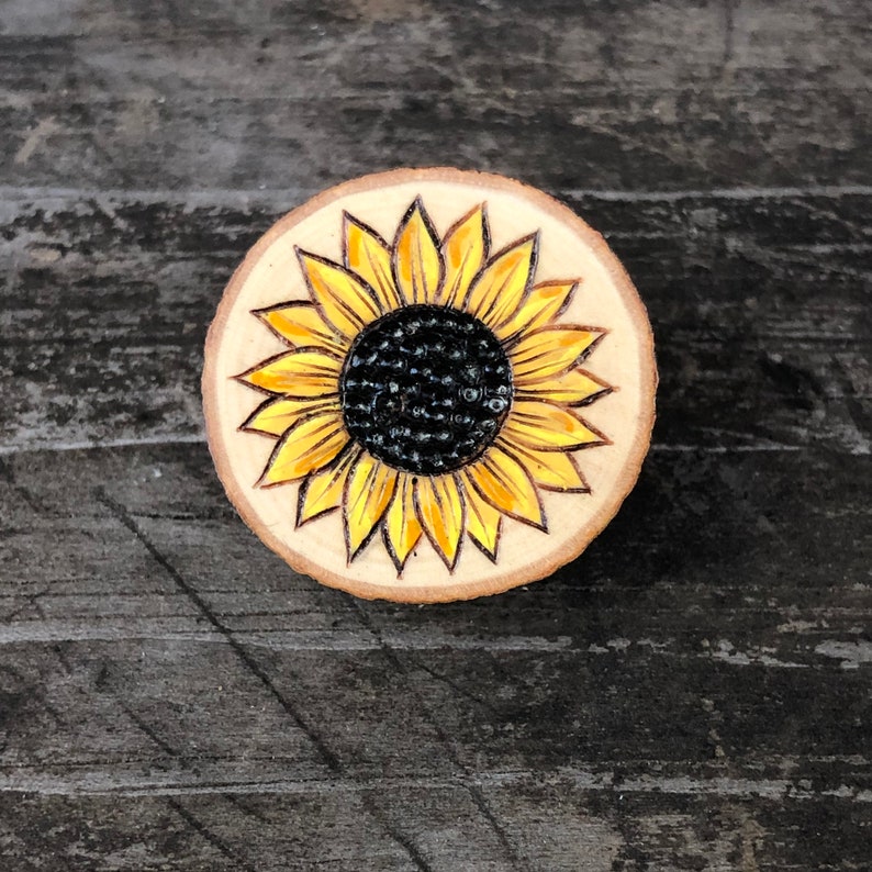 Wood Burned and Painted Sunflower Pin. Wooden Pin. Handmade by - Etsy
