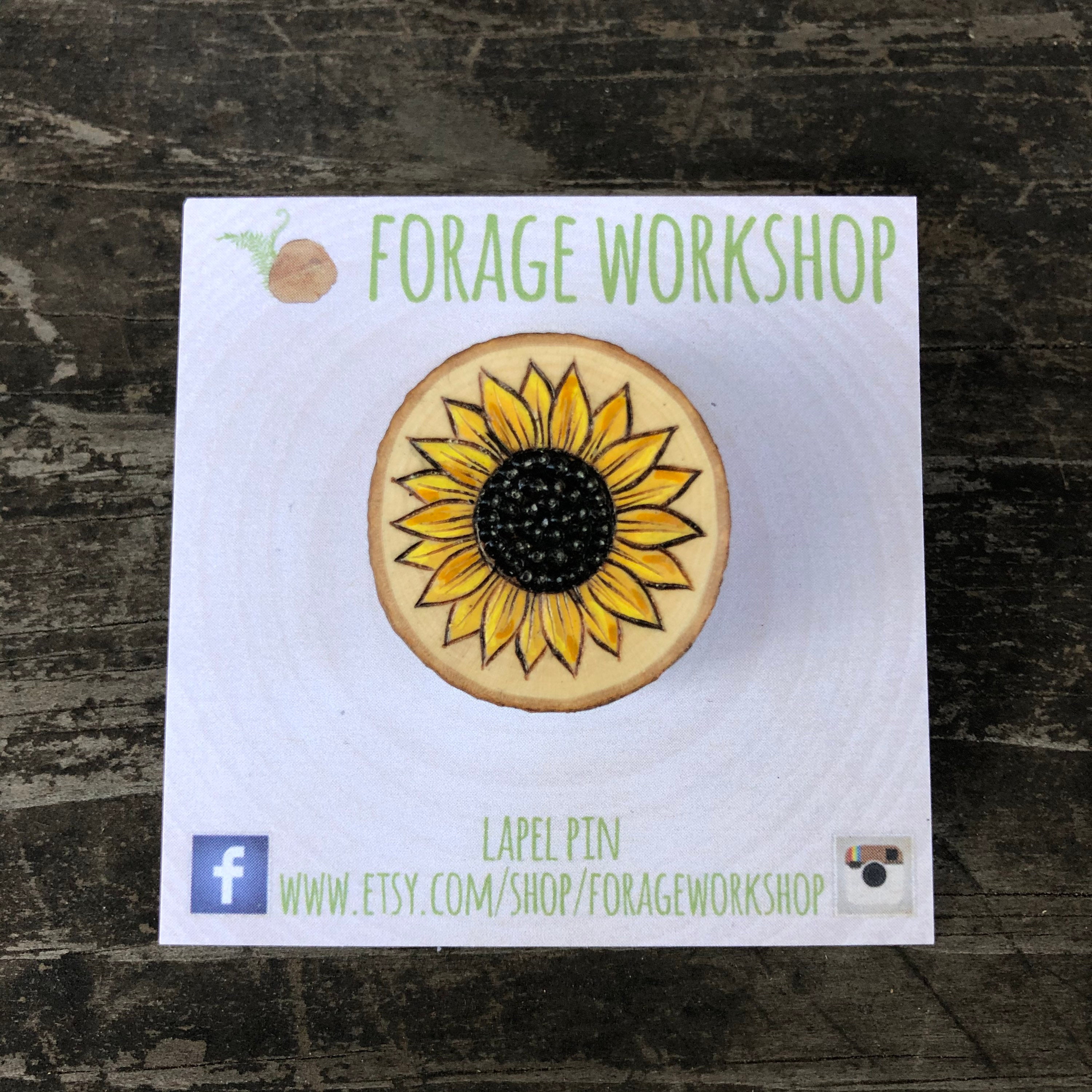 Wood Burned and Painted Sunflower Pin. Wooden Pin. Handmade by | Etsy
