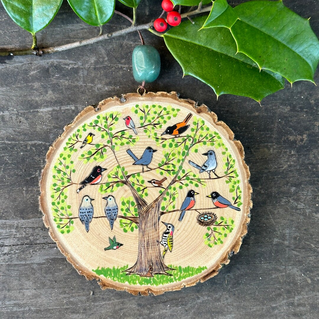 Spring Tree Full of Backyard Birds. Wood Slice Art, Small Wall Hanging ...