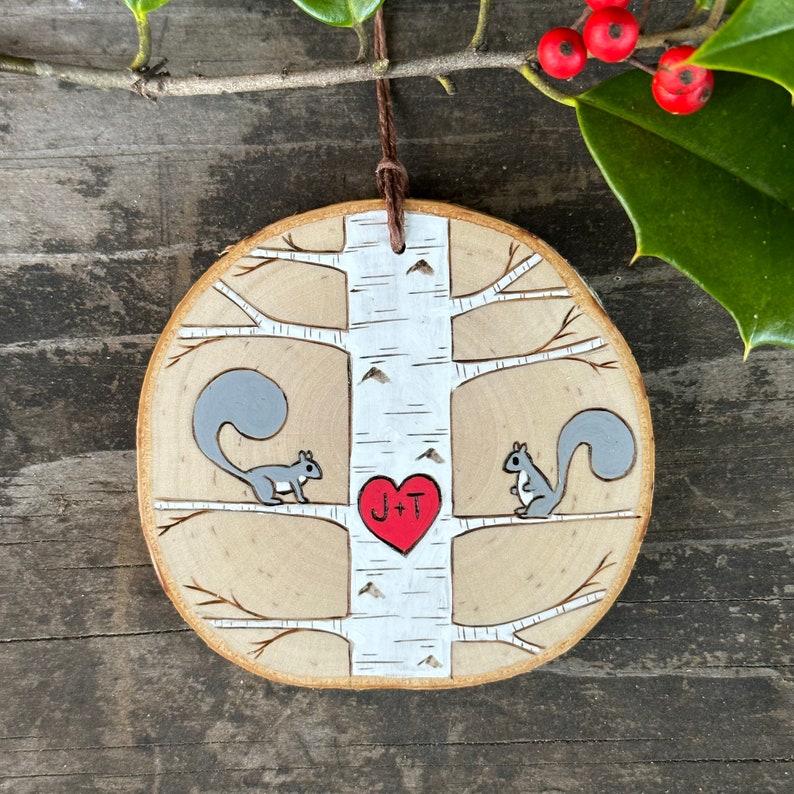 White Birch Tree With Gray Squirrel Couple on Wood Slice. Handmade by ...
