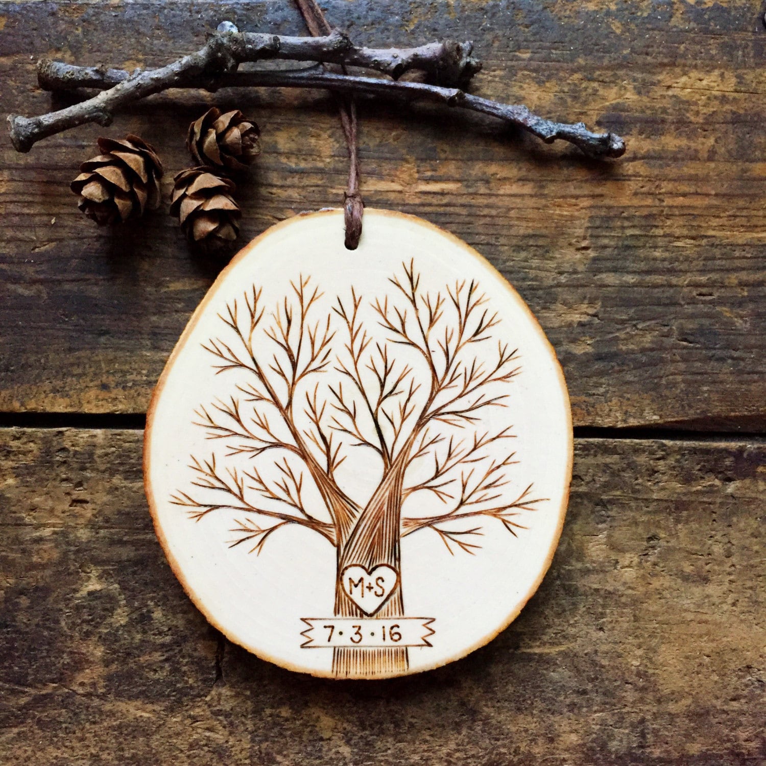 Personalized Tree With Heart, Initials and Date Sign. Wood Burned, Wood ...