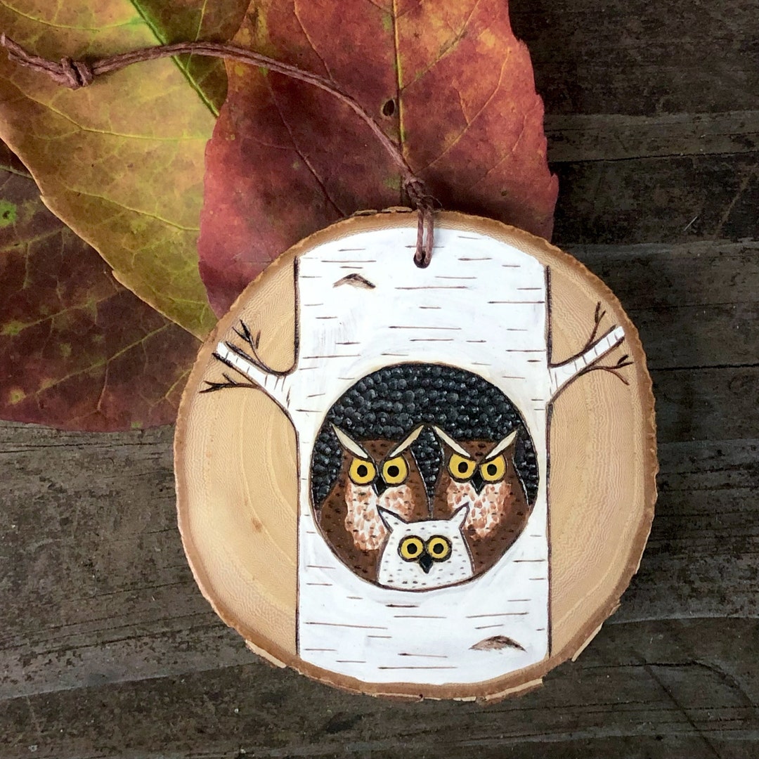 Birch Tree With Owl Family on Wood Slice Ornament. Great Horned Owls ...