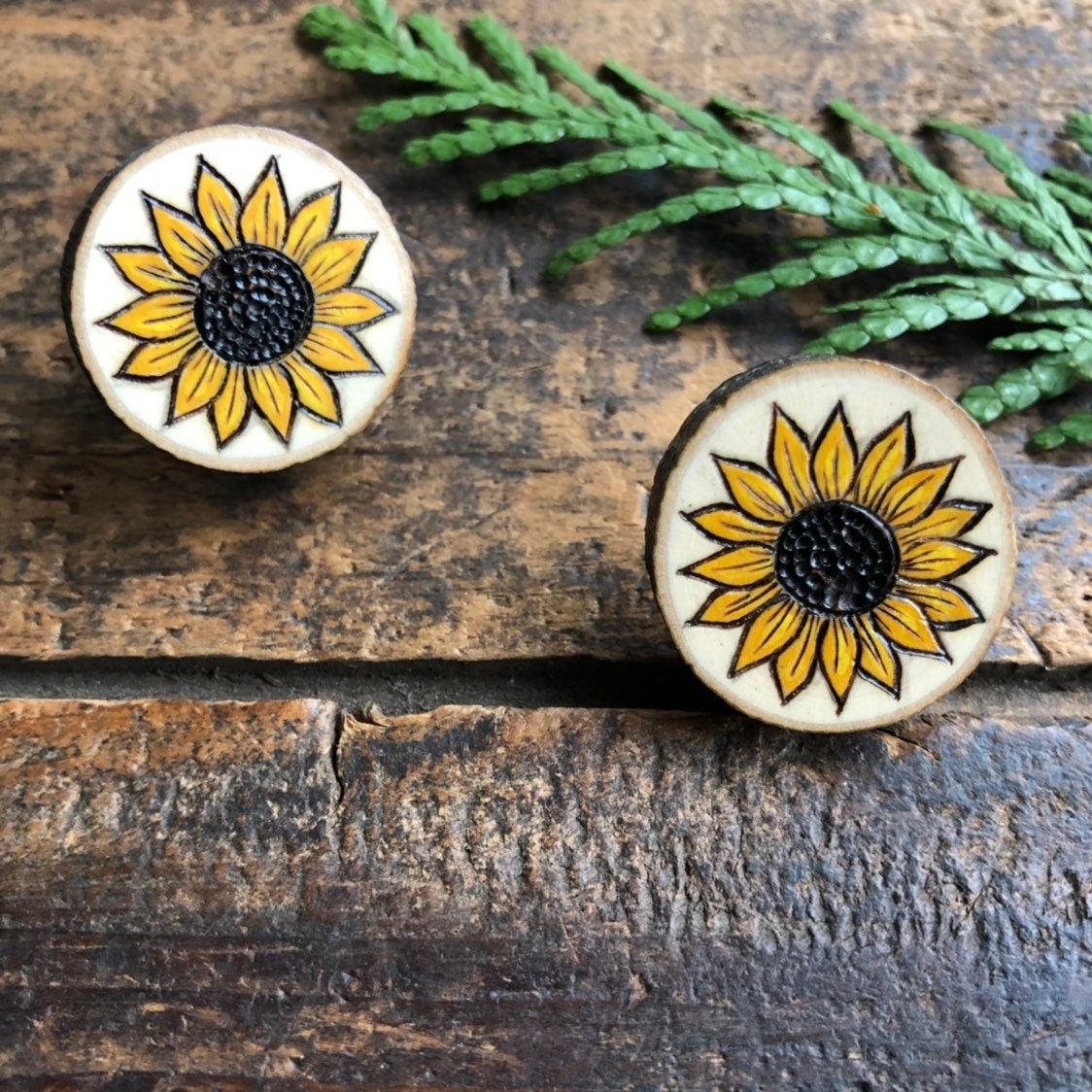 Wood Burned and Painted Sunflower Pin. Wooden Pin. Handmade by | Etsy