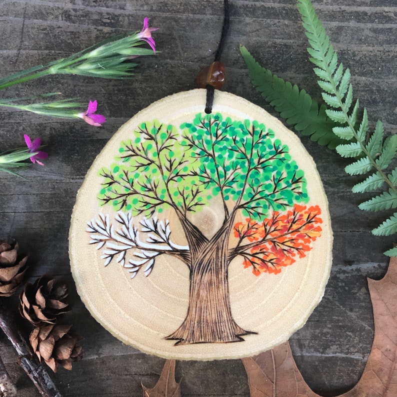 Four Seasons Tree on Wood Slice. Winter, Spring, Summer and Autumn ...