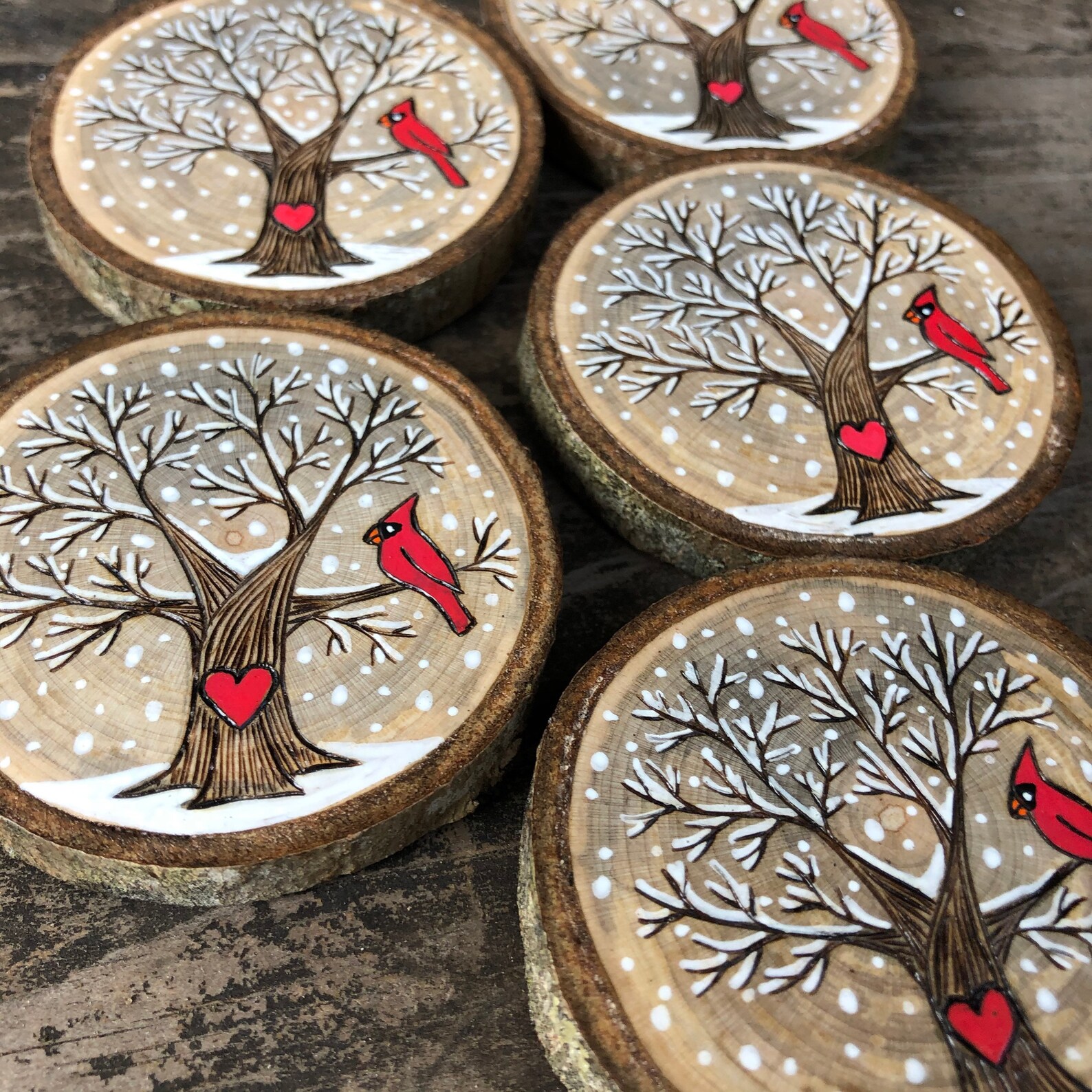 Wooden Nature Scene Magnet. Wood Burned and Painted Cardinal in a Snowy ...