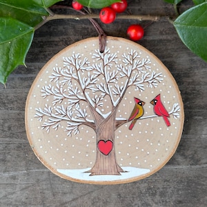 Snowy Tree With Red Cardinal Couple and Heart. Custom Made ...