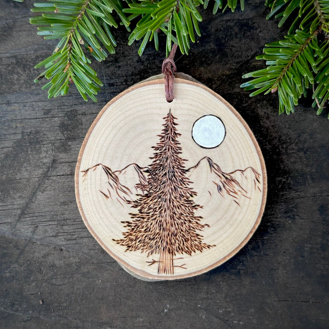 Full Moon Mountain Scene Pine Tree Ornament or Small Wall Hanging. Wood ...