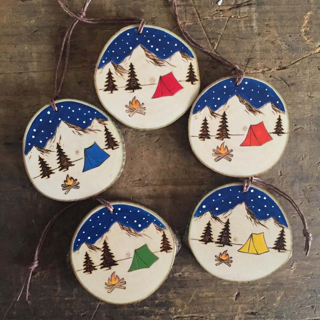 Wood Camp Ornament. Rocky Mountains, Starry Night Edition. Rustic Wood ...