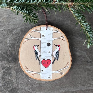 White Birch Tree W/ Red Bellied Woodpecker Bird Couple on Wood Slice ...