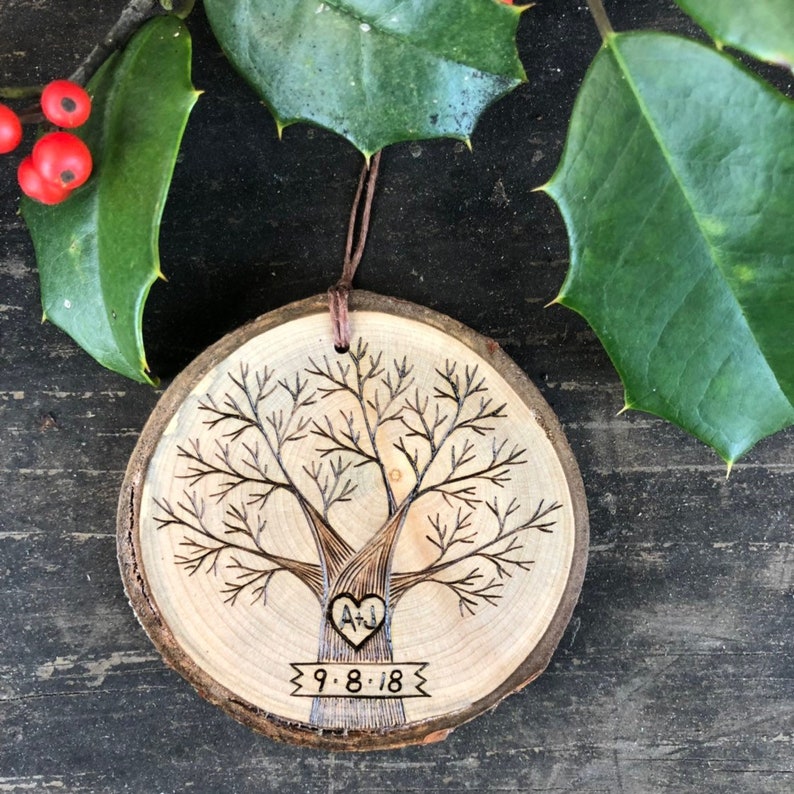Personalized Tree With Heart, Initials and Date Sign. Wood Burned, Wood ...
