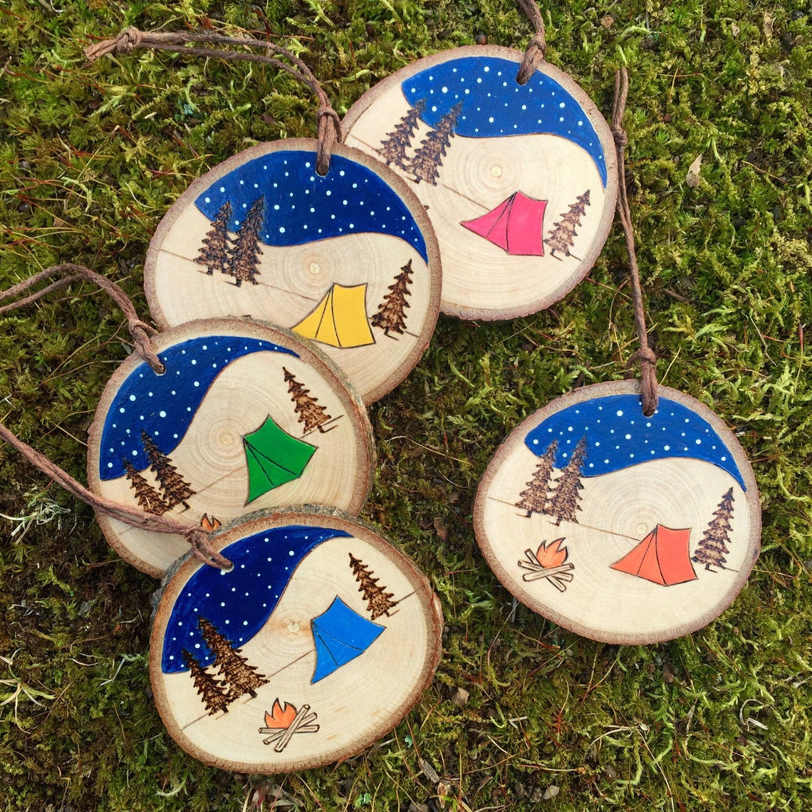 Wood Camping Ornament. Campfire, Tent, Trees, Mountains. Wood Burned ...