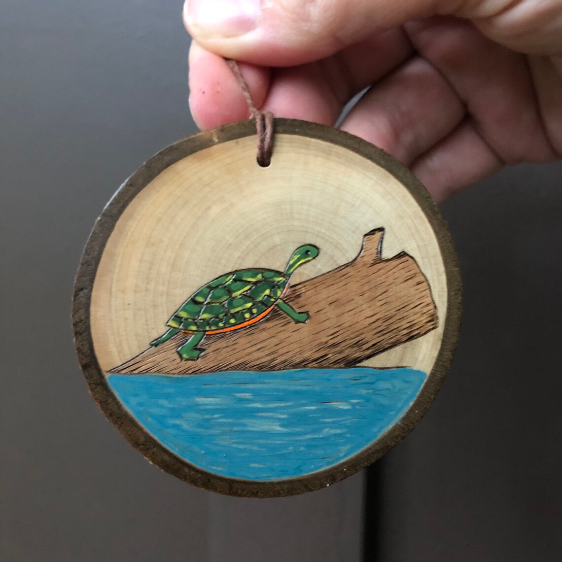 Painted Turtle Sitting on a Log on a Wood Slice . Hand Painted | Etsy