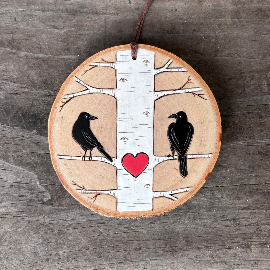 White Birch Tree With Black Raven Couple on Wood Slice Ornament ...