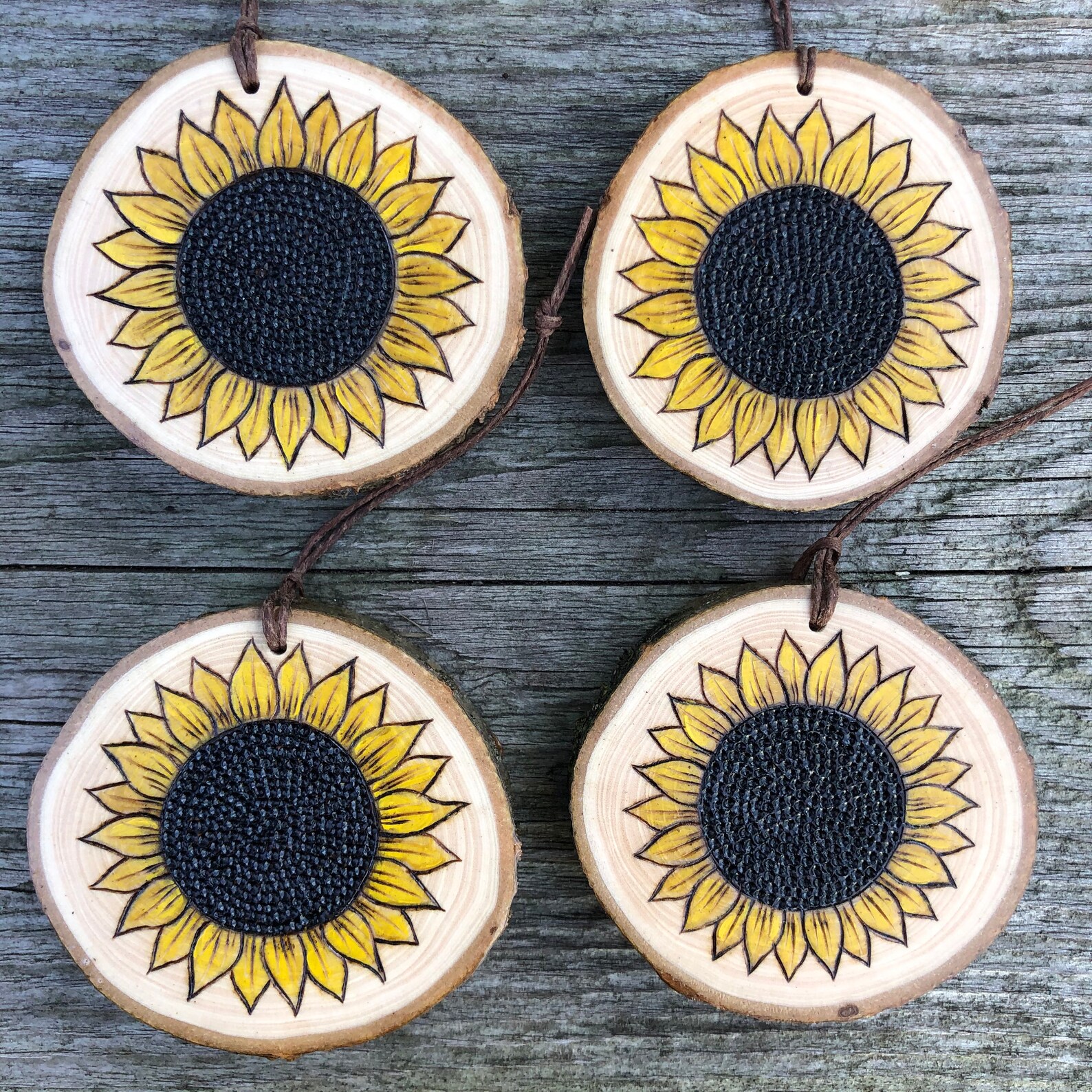 Sunflower ornament. Wood burned and hand painted wood slice | Etsy