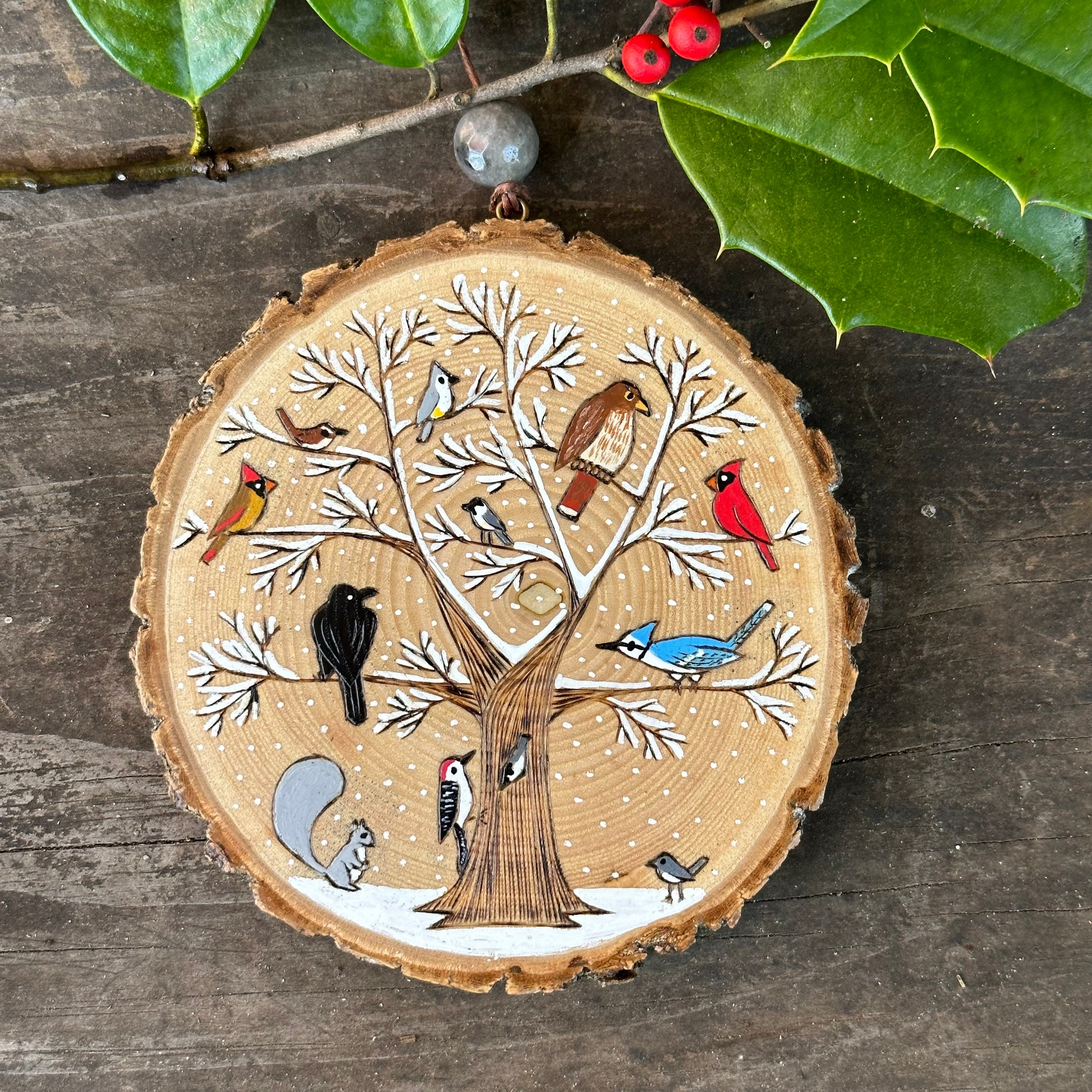 Snowy Tree Full of Winter Backyard Birds. Wood Slice Art, Small Wall ...