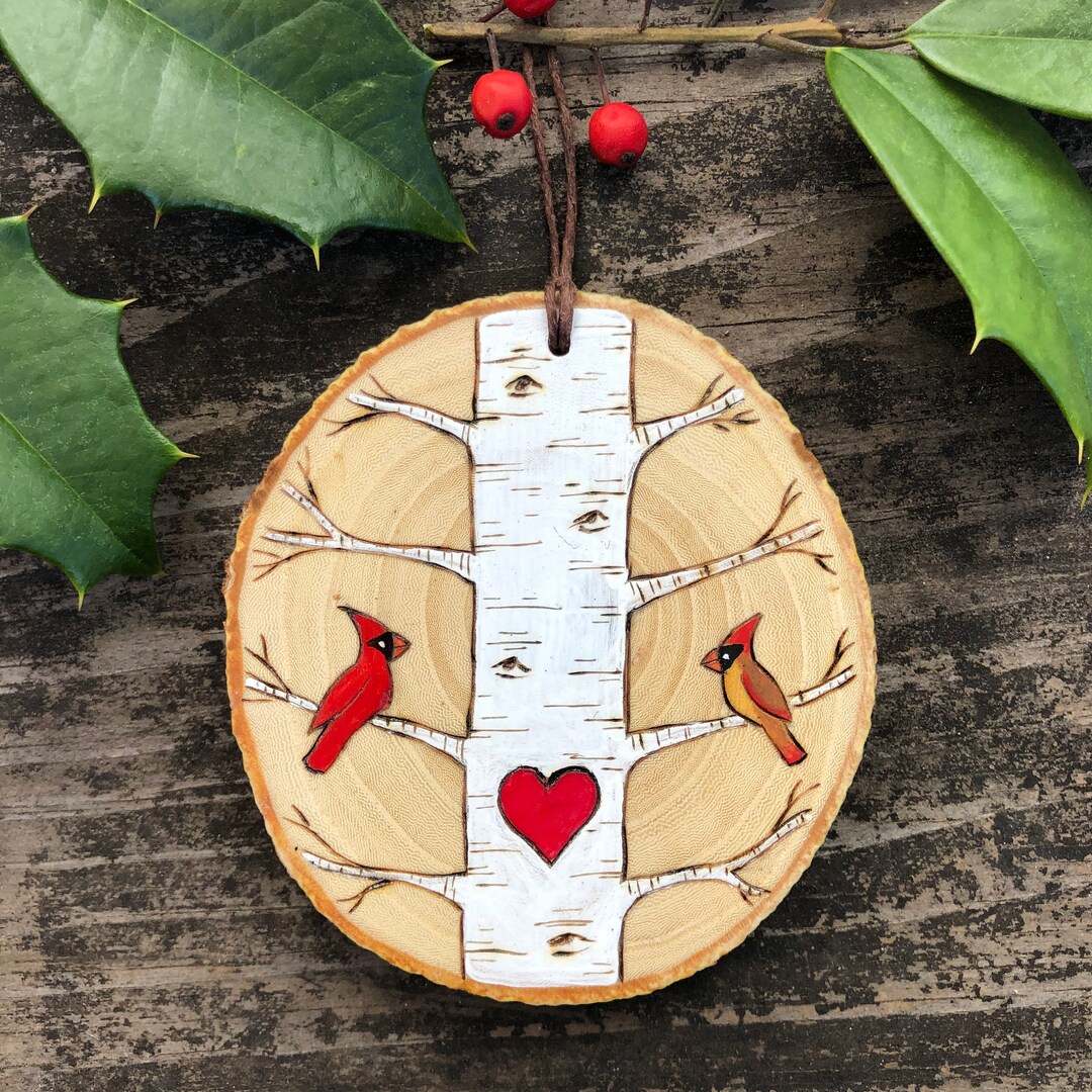 White Birch Tree With Red Cardinal Bird Couple on Wood Slice - Etsy