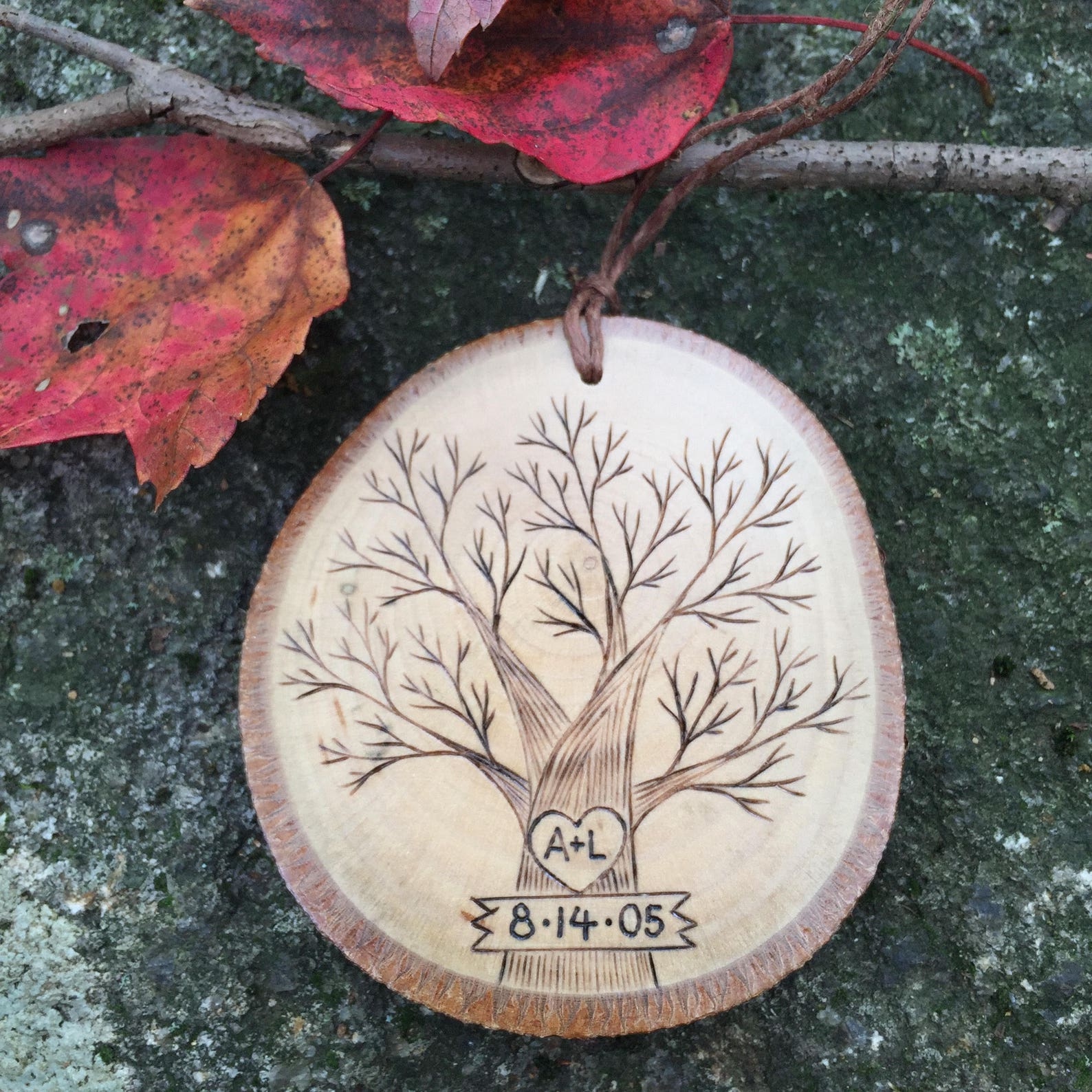 Personalized Tree With Heart, Initials and Date Sign. Wood Burned, Wood ...