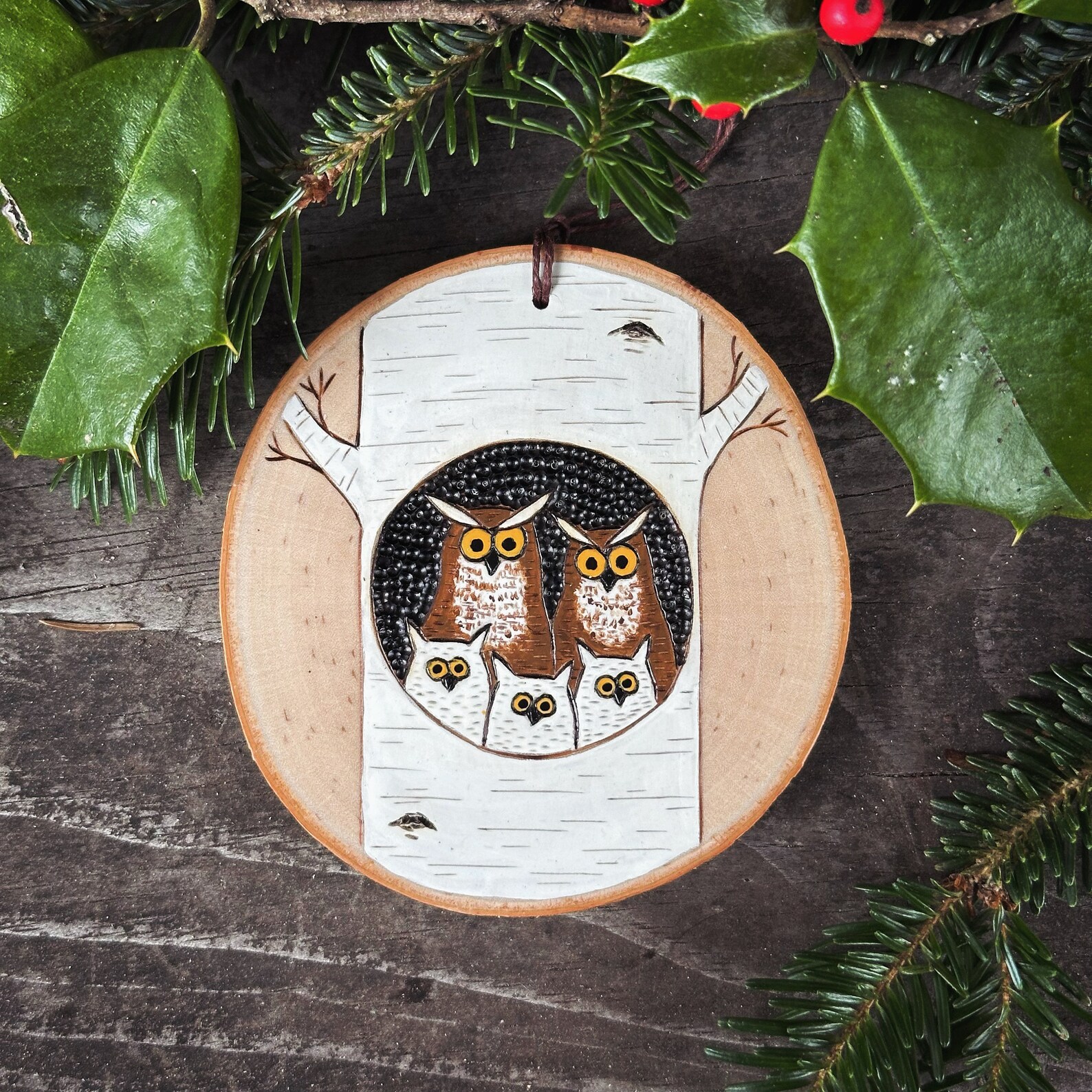 Birch Tree With Owl Family on Wood Slice Ornament. Great Horned Owls ...
