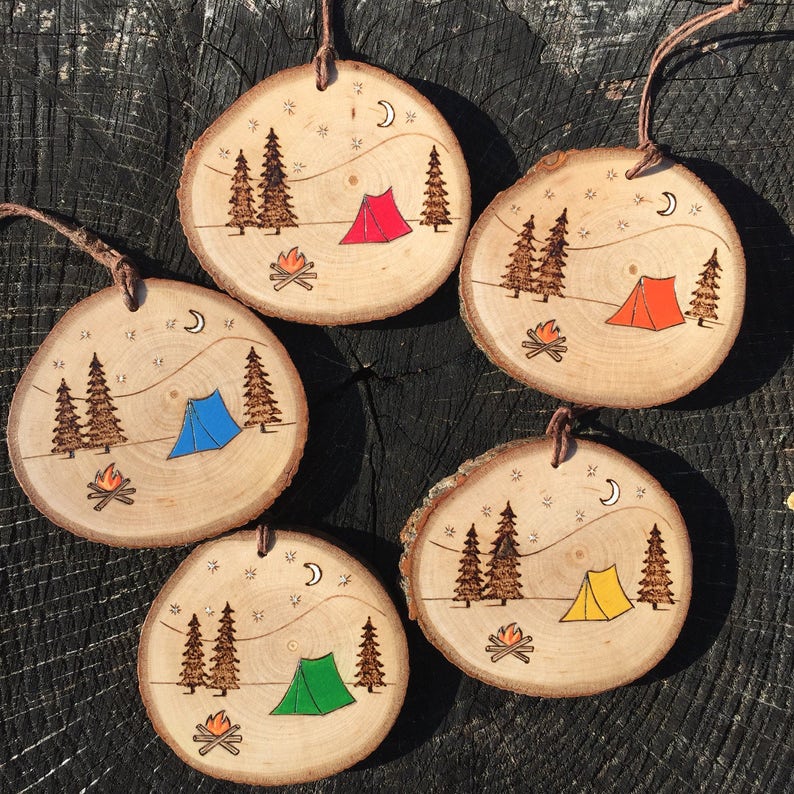 Camp Scene Ornament. Wood Slice Ornament Campfire, Tent, Trees ...