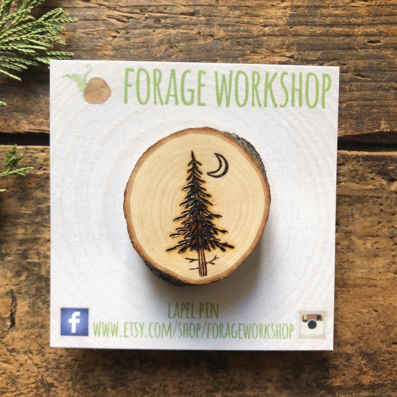 Wood Burned Tiny Pine Tree Pin or Brooch. Handmade by Forage Workshop ...