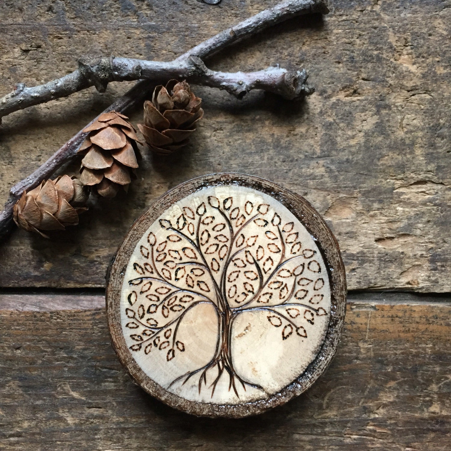 Wood burned tree of life wood slice magnet. Handmade by Forage | Etsy