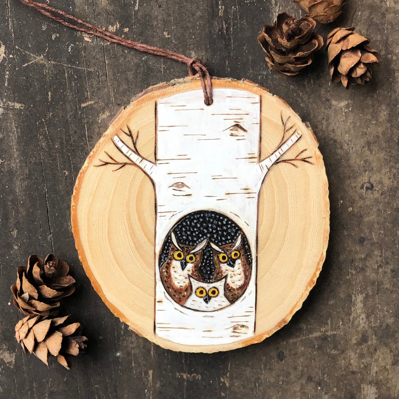 Birch Tree With Owl Family on Wood Slice Ornament. Great - Etsy
