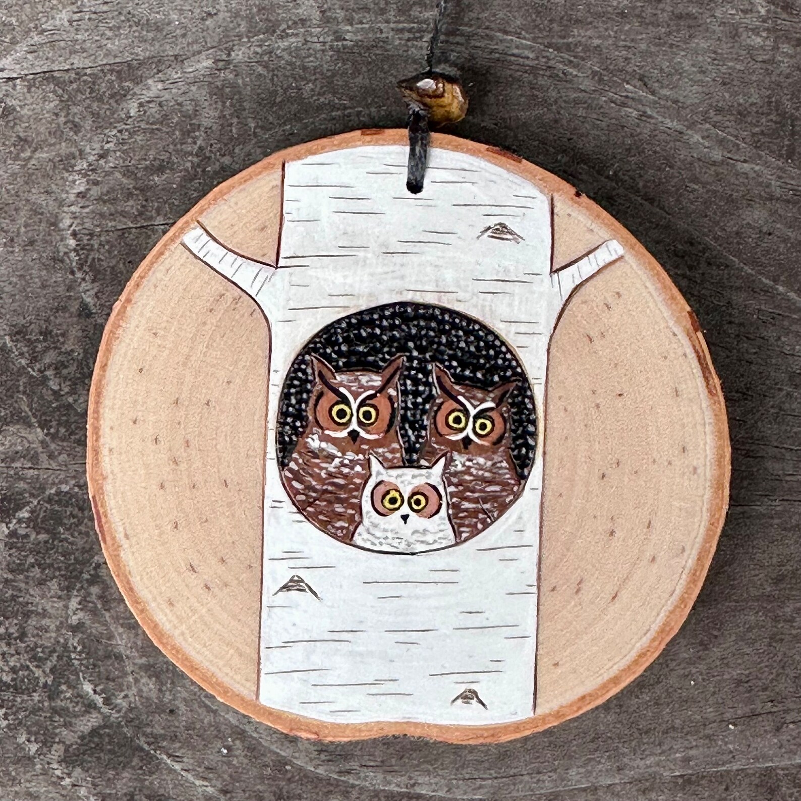 Birch Tree With Owl Family on Wood Slice Ornament. Great Horned Owls ...