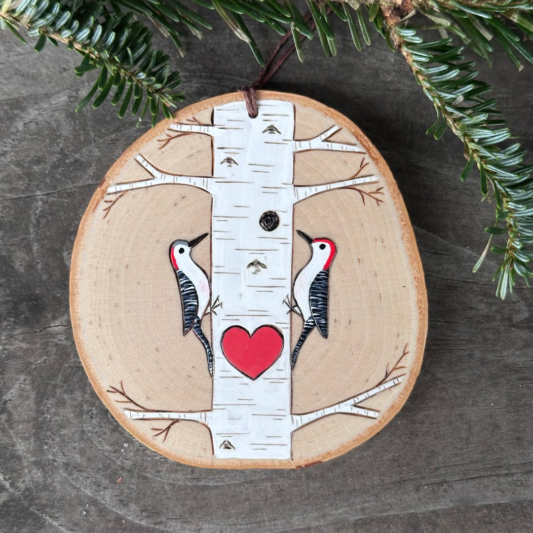 White Birch Tree W/ Red Bellied Woodpecker Bird Couple on Wood Slice ...