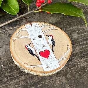 White Birch Tree W/ Red Bellied Woodpecker Bird Couple on Wood Slice ...
