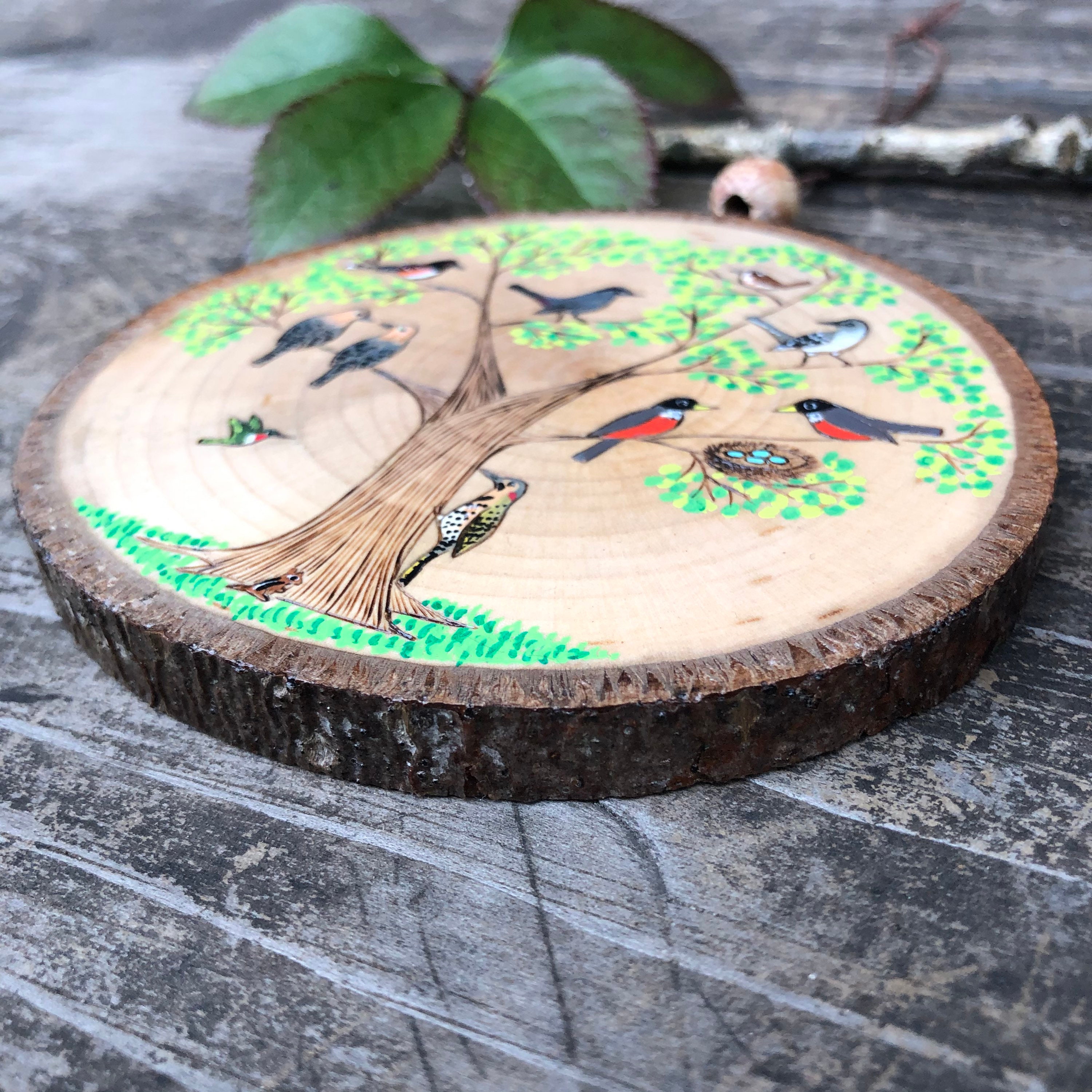 Spring Tree Full of Backyard Birds. Wood Slice Art Small Wall | Etsy