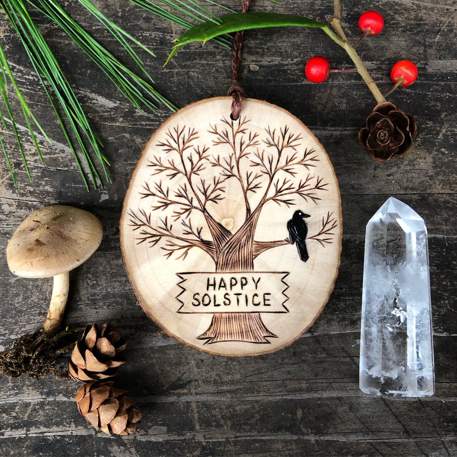 Happy Solstice Ornament or Wall Hanging. Wood Burned Winter | Etsy